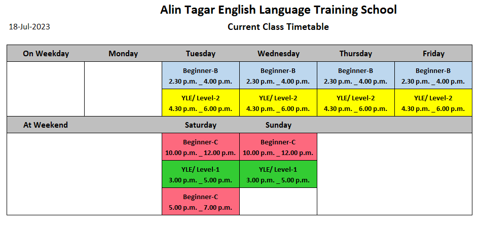Class Timetable of Alin Tagar English School, Dawei, Myanmar